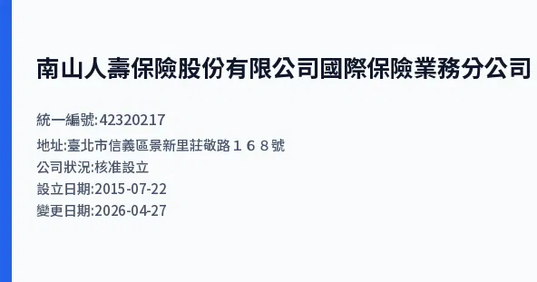 南山人壽保險股份有限公司國際保險業務分公司的照片-統編 42320217(臺北市) 公司登記資料與營業項目詳細圖表