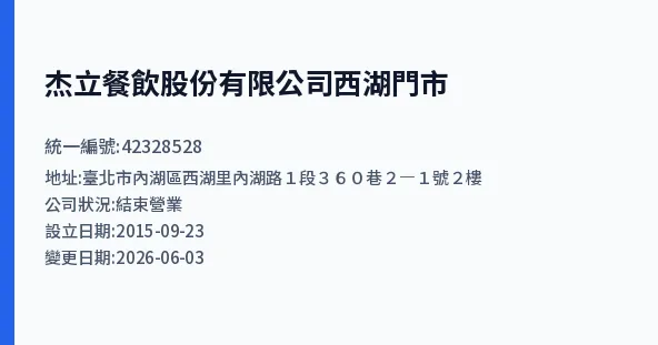 杰立餐飲股份有限公司西湖門市的照片-統編 42328528(臺北市) 公司登記資料與營業項目詳細圖表