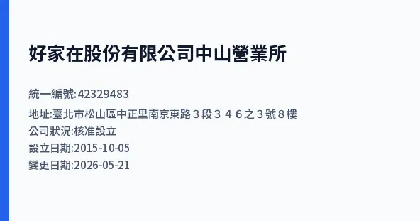 好家在股份有限公司中山營業所的照片-統編 42329483(臺北市) 公司登記資料與營業項目詳細圖表