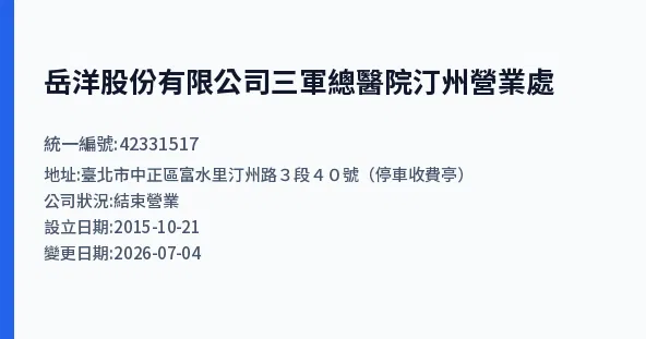 岳洋股份有限公司三軍總醫院汀州營業處的照片-統編 42331517(臺北市) 公司登記資料與營業項目詳細圖表