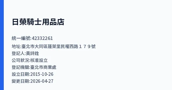 日榮騎士用品店的照片-統編 42332261(臺北市) 公司登記資料與營業項目詳細圖表