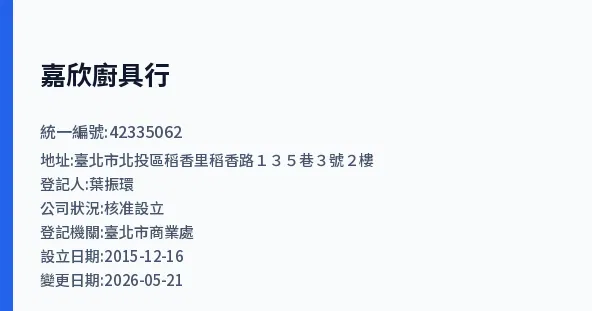 嘉欣廚具行的照片-統編 42335062(臺北市) 公司登記資料與營業項目詳細圖表