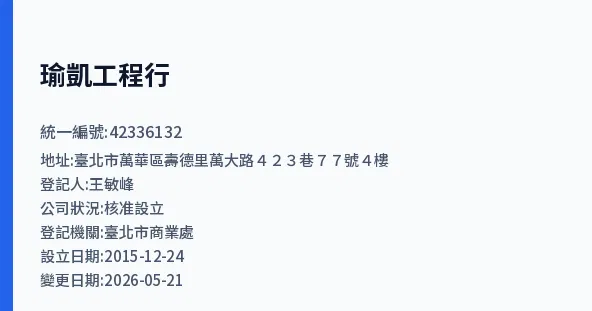 瑜凱工程行的照片-統編 42336132(臺北市) 公司登記資料與營業項目詳細圖表