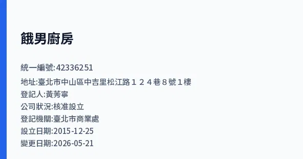 餓男廚房的照片-統編 42336251(臺北市) 公司登記資料與營業項目詳細圖表