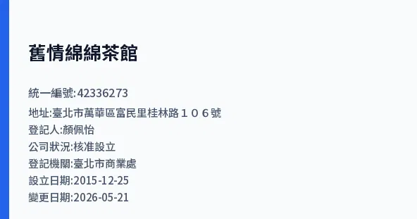 舊情綿綿茶館的照片-統編 42336273(臺北市) 公司登記資料與營業項目詳細圖表