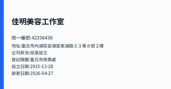 佳明美容工作室的照片-統編 42336436(臺北市) 公司登記資料與營業項目詳細圖表