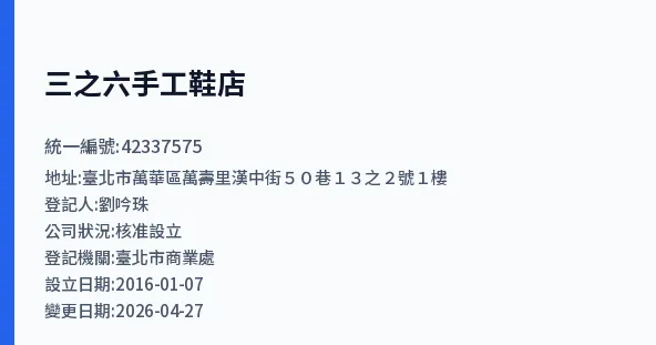 三之六手工鞋店的照片-統編 42337575(臺北市) 公司登記資料與營業項目詳細圖表