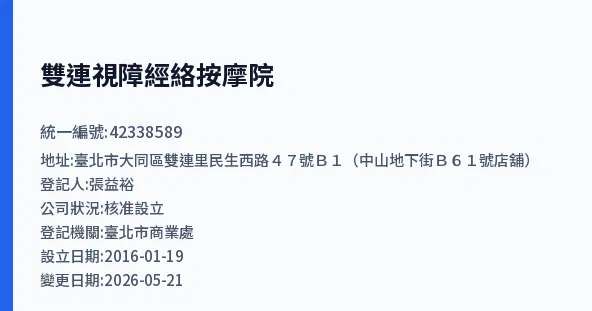 雙連視障經絡按摩院的照片-統編 42338589(臺北市) 公司登記資料與營業項目詳細圖表