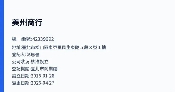 美州商行的照片-統編 42339692(臺北市) 公司登記資料與營業項目詳細圖表