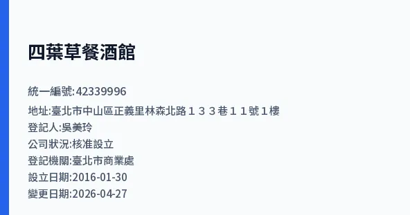 四葉草餐酒館的照片-統編 42339996(臺北市) 公司登記資料與營業項目詳細圖表