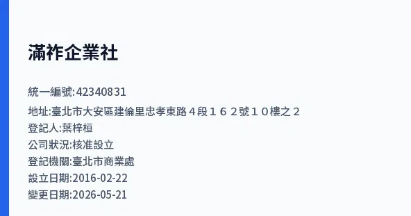滿祚企業社的照片-統編 42340831(臺北市) 公司登記資料與營業項目詳細圖表