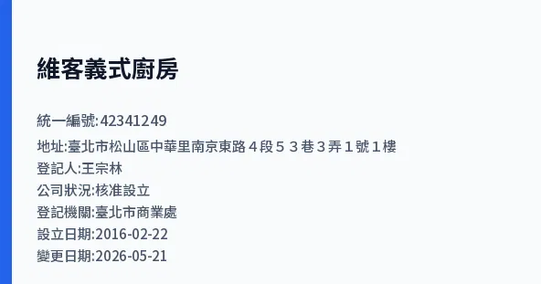 維客義式廚房的照片-統編 42341249(臺北市) 公司登記資料與營業項目詳細圖表