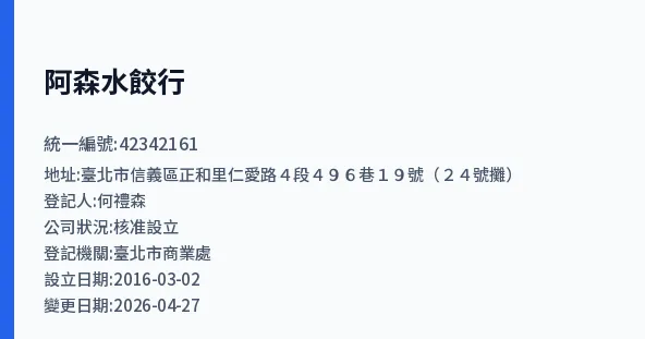 阿森水餃行的照片-統編 42342161(臺北市) 公司登記資料與營業項目詳細圖表