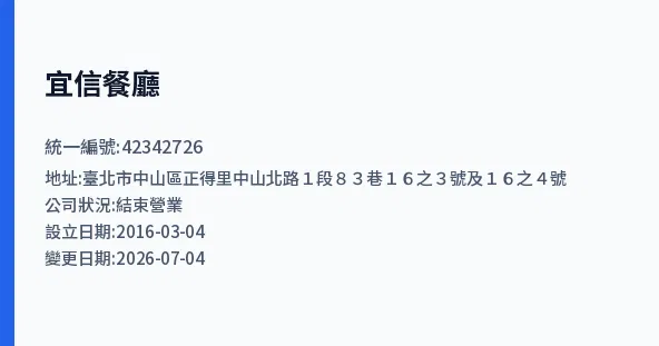 宜信餐廳的照片-統編 42342726(臺北市) 公司登記資料與營業項目詳細圖表