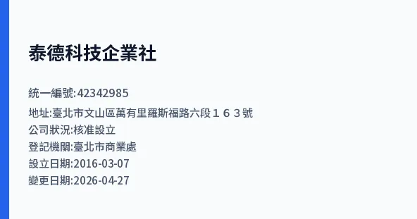 泰德科技企業社的照片-統編 42342985(臺北市) 公司登記資料與營業項目詳細圖表