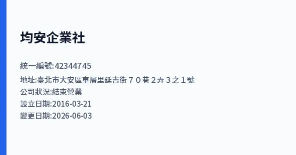 均安企業社的照片-統編 42344745(臺北市) 公司登記資料與營業項目詳細圖表