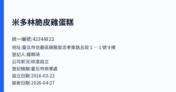 米多林脆皮雞蛋糕的照片-統編 42344822(臺北市) 公司登記資料與營業項目詳細圖表
