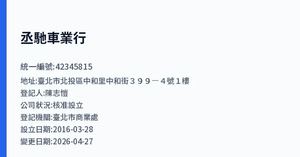 丞馳車業行的照片-統編 42345815(臺北市) 公司登記資料與營業項目詳細圖表