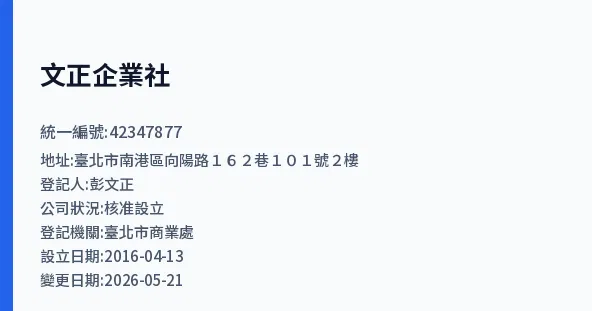 文正企業社的照片-統編 42347877(臺北市) 公司登記資料與營業項目詳細圖表