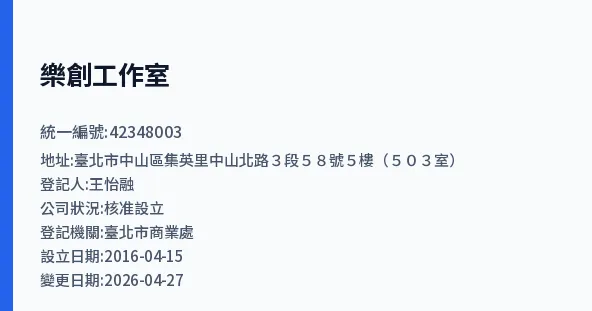 樂創工作室的照片-統編 42348003(臺北市) 公司登記資料與營業項目詳細圖表