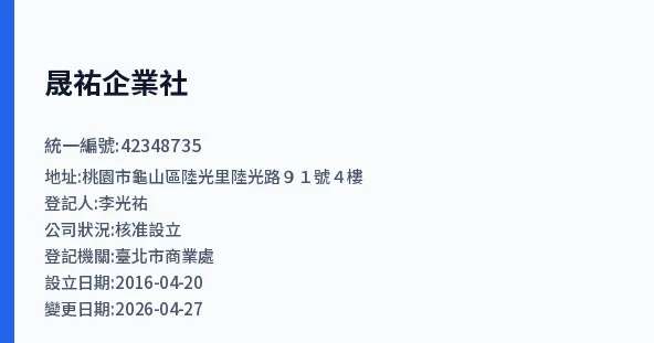 晟祐企業社的照片-統編 42348735(桃園市) 公司登記資料與營業項目詳細圖表
