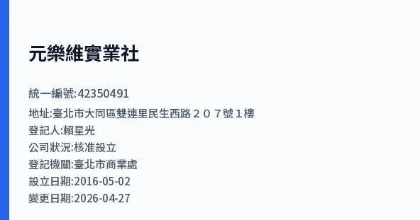 元樂維實業社的照片-統編 42350491(臺北市) 公司登記資料與營業項目詳細圖表