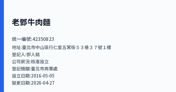 老鄧牛肉麵的照片-統編 42350823(臺北市) 公司登記資料與營業項目詳細圖表