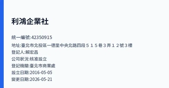 利鴻企業社的照片-統編 42350915(臺北市) 公司登記資料與營業項目詳細圖表