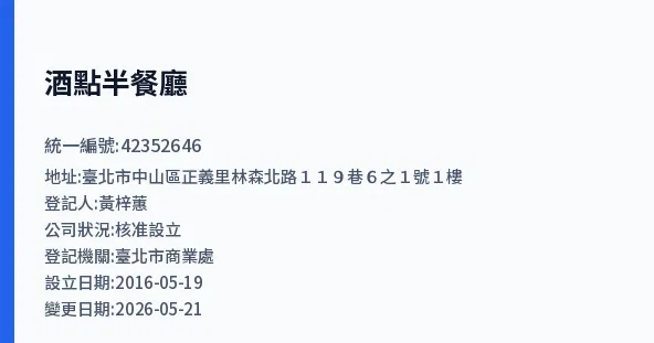 酒點半餐廳的照片-統編 42352646(臺北市) 公司登記資料與營業項目詳細圖表