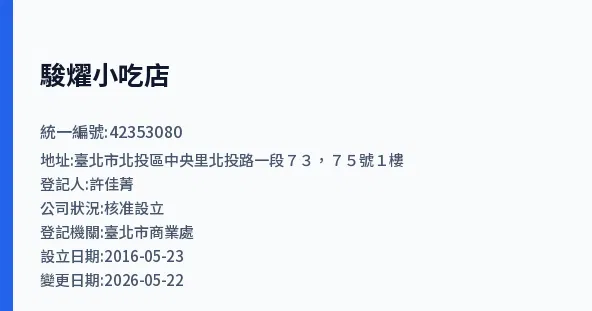 駿燿小吃店的照片-統編 42353080(臺北市) 公司登記資料與營業項目詳細圖表