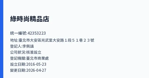 綠時尚精品店的照片-統編 42353223(臺北市) 公司登記資料與營業項目詳細圖表