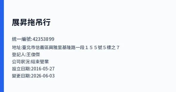 展昇拖吊行的照片-統編 42353899(臺北市) 公司登記資料與營業項目詳細圖表