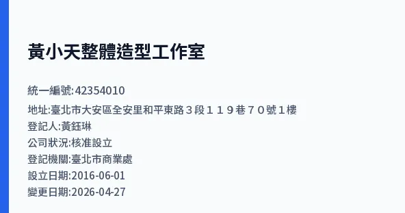 黃小天整體造型工作室的照片-統編 42354010(臺北市) 公司登記資料與營業項目詳細圖表