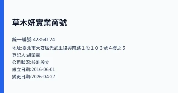 草木妍實業商號的照片-統編 42354124(臺北市) 公司登記資料與營業項目詳細圖表