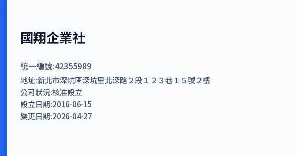 國翔企業社的照片-統編 42355989(新北市) 公司登記資料與營業項目詳細圖表