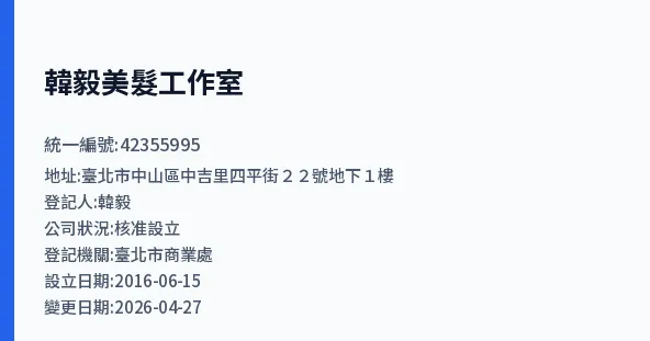 韓毅美髮工作室的照片-統編 42355995(臺北市) 公司登記資料與營業項目詳細圖表