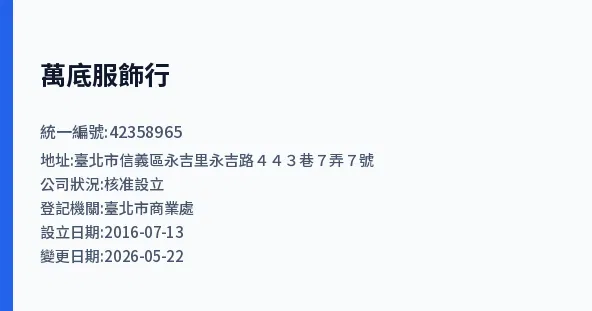 萬底服飾行的照片-統編 42358965(臺北市) 公司登記資料與營業項目詳細圖表