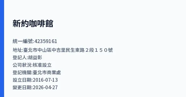 新約咖啡館的照片-統編 42359161(臺北市) 公司登記資料與營業項目詳細圖表
