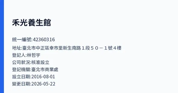 禾光養生館的照片-統編 42360316(臺北市) 公司登記資料與營業項目詳細圖表