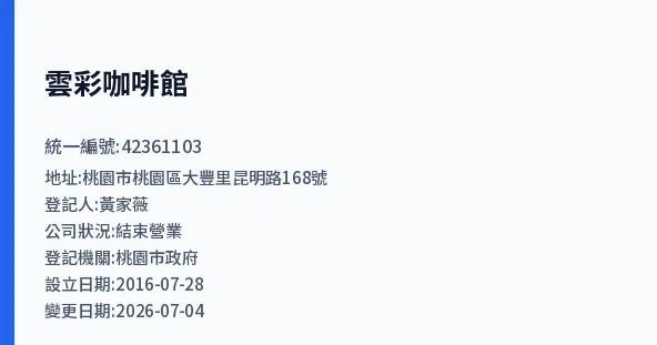雲彩咖啡館的照片-統編 42361103(桃園市) 公司登記資料與營業項目詳細圖表
