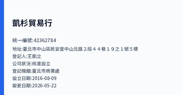 凱杉貿易行的照片-統編 42362784(臺北市) 公司登記資料與營業項目詳細圖表