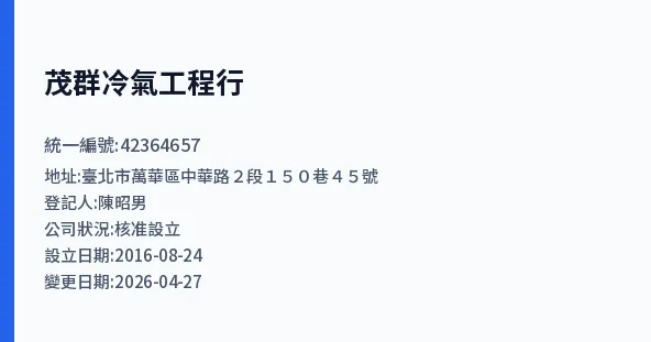 茂群冷氣工程行的照片-統編 42364657(臺北市) 公司登記資料與營業項目詳細圖表