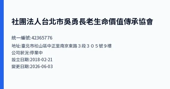 社團法人台北市吳勇長老生命價值傳承協會的照片-統編 42365776(臺北市) 公司登記資料與營業項目詳細圖表