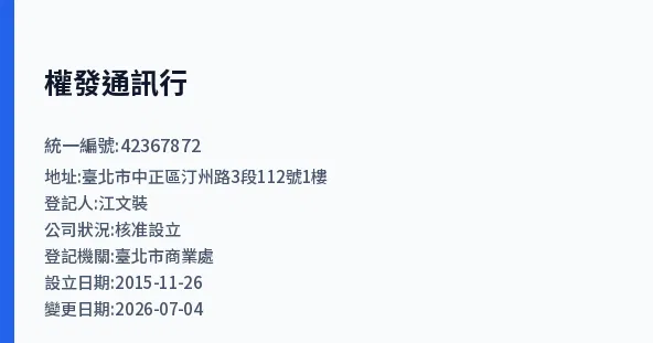 權發通訊行的照片-統編 42367872(臺北市) 公司登記資料與營業項目詳細圖表