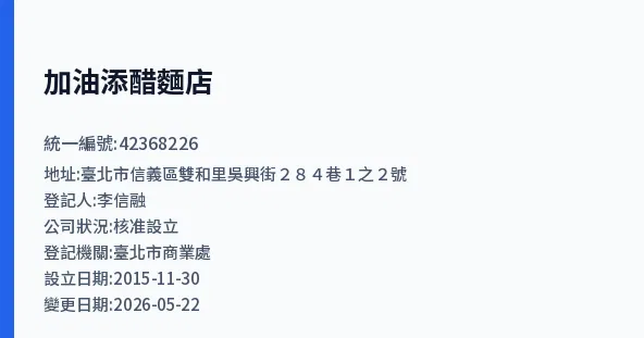 加油添醋麵店的照片-統編 42368226(臺北市) 公司登記資料與營業項目詳細圖表