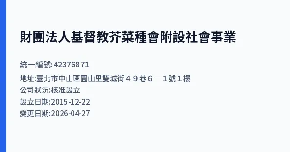 財團法人基督教芥菜種會附設社會事業的照片-統編 42376871(臺北市) 公司登記資料與營業項目詳細圖表