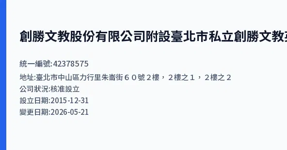 創勝文教股份有限公司附設臺北市私立創勝文教英語短期補習班的照片-統編 42378575(臺北市) 公司登記資料與營業項目詳細圖表