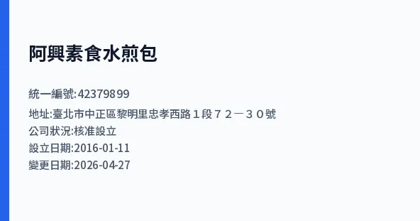 阿興素食水煎包的照片-統編 42379899(臺北市) 公司登記資料與營業項目詳細圖表