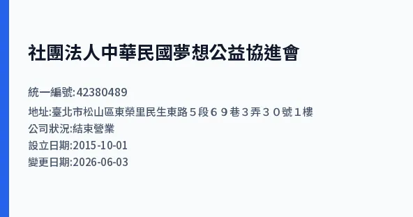 社團法人中華民國夢想公益協進會的照片-統編 42380489(臺北市) 公司登記資料與營業項目詳細圖表