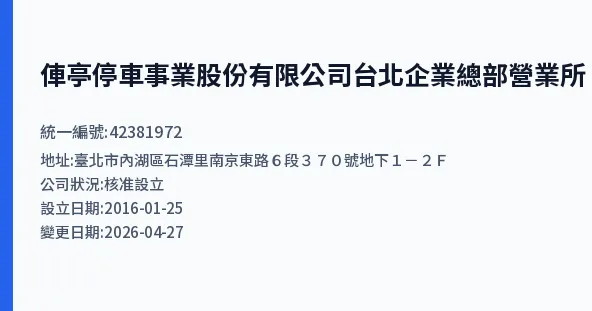俥亭停車事業股份有限公司台北企業總部營業所的照片-統編 42381972(臺北市) 公司登記資料與營業項目詳細圖表